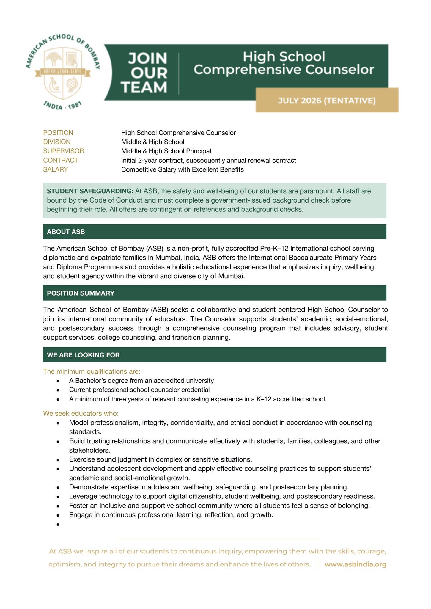 ASB High School Comprehensive Counselor by asbindia.org - Issuu
