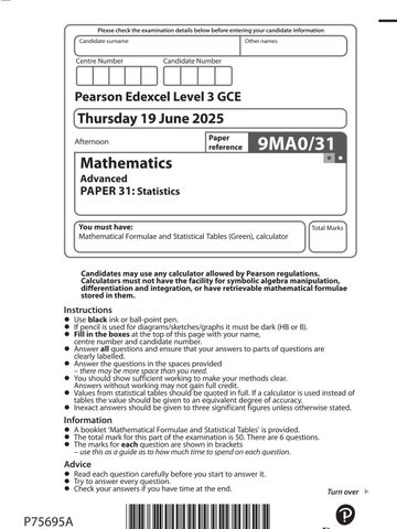 Edexcel Level 3 GCE Maths 2025 Paper 31 Statistics Exam Details 19-June ...